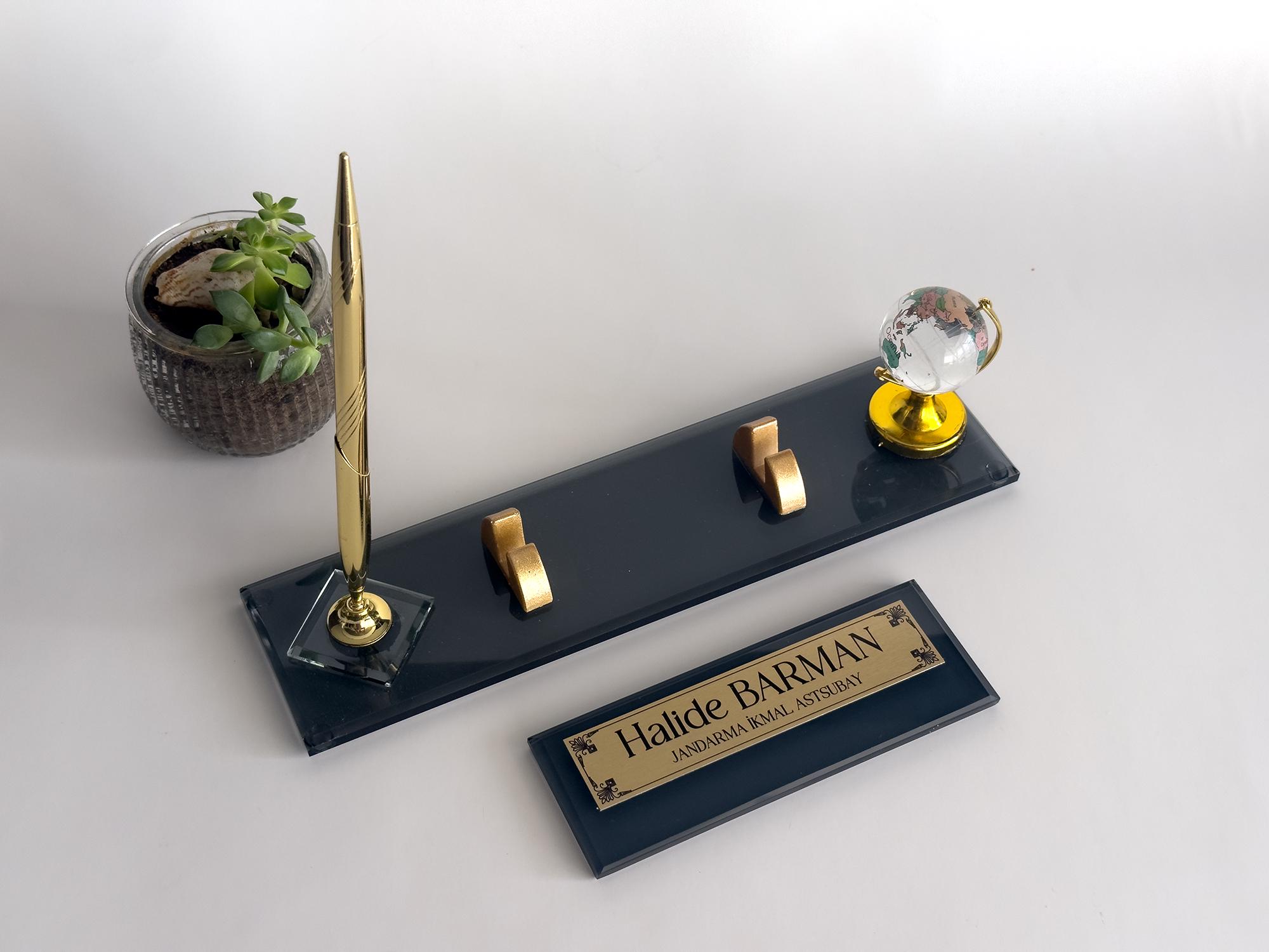 Personalized Crystal Glass Desk Name Plate With Globe and Pen - Etsy