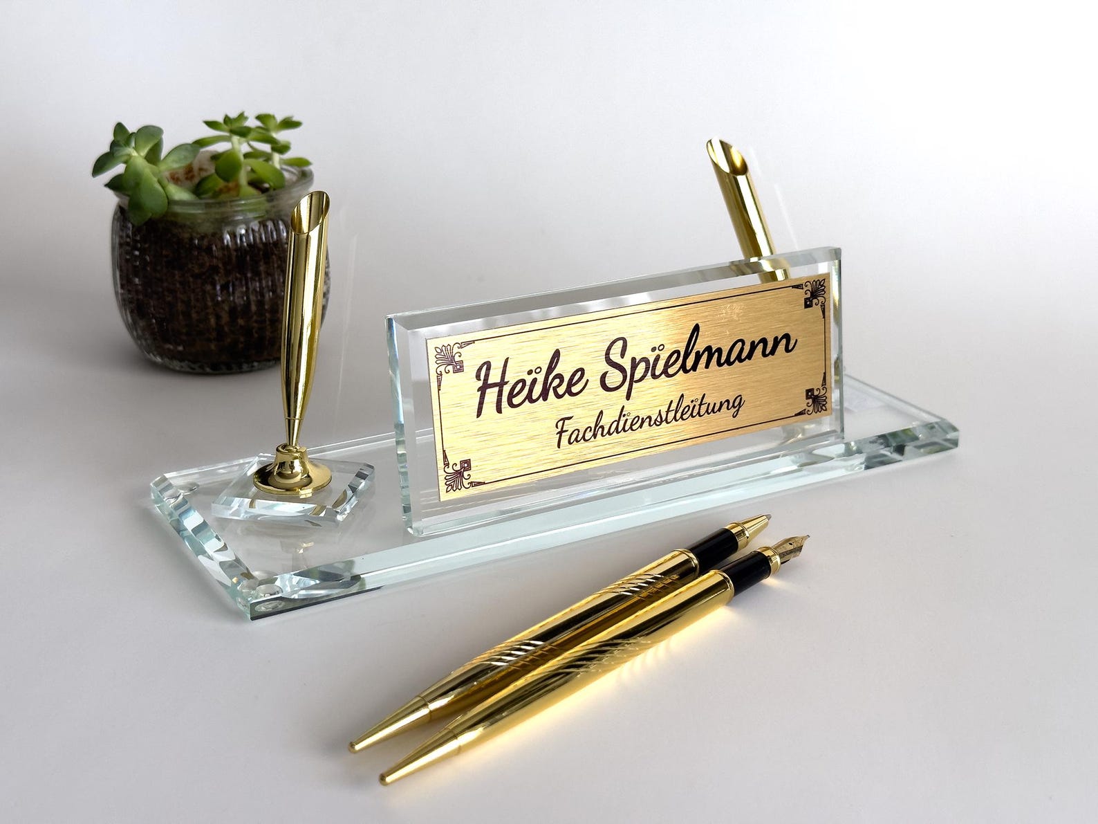 Custom Clear Glass Desk Nameplate and Golden Pen Set | Personalized ...