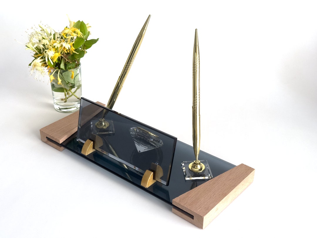 Natural Wood and Crystal Glass Desk Nameplate With Pen Set | Crystal ...