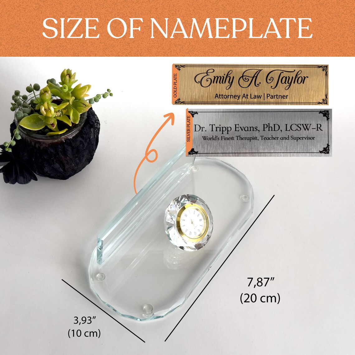 Custom Clear Crystal Glass Desk Nameplate With Clock - Etsy