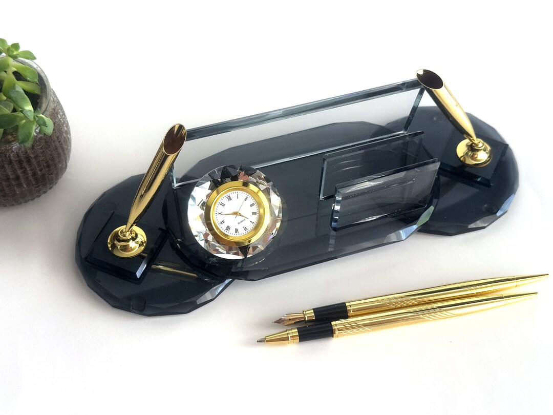 Crystal Nameplate and Desk Organizer Set Golden Oval Shaped ...