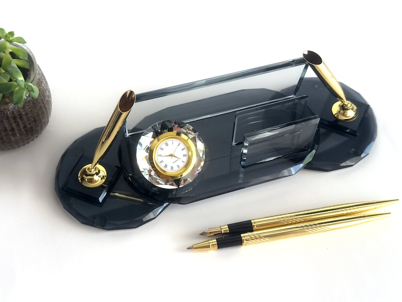 Crystal Nameplate and Desk Organizer Set Golden Oval Shaped ...