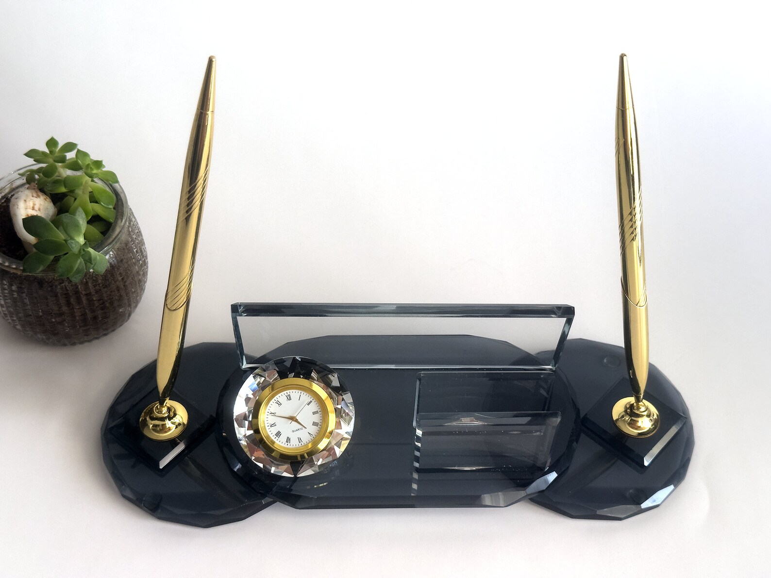 Crystal Nameplate and Desk Organizer Set Golden Oval Shaped ...