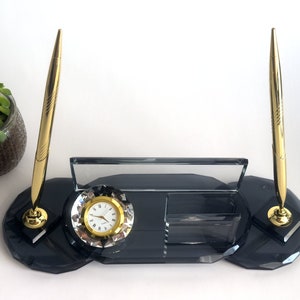 Crystal Nameplate and Desk Organizer Set Golden Oval Shaped ...