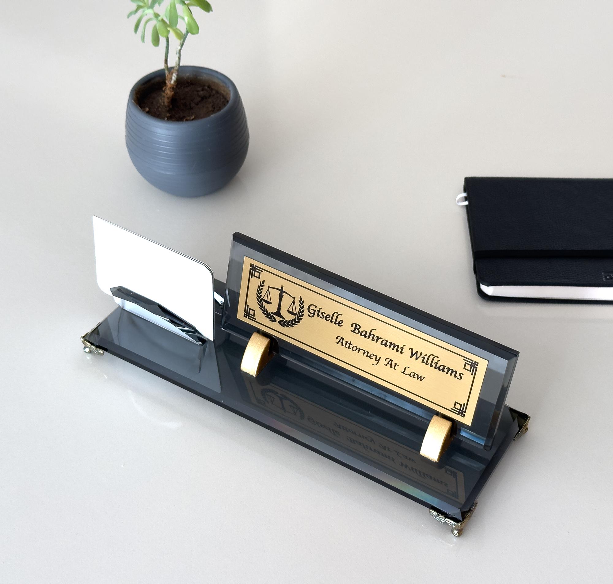 Personalized Desk Nameplate With Business Card Holder | Gold Plate Desk ...