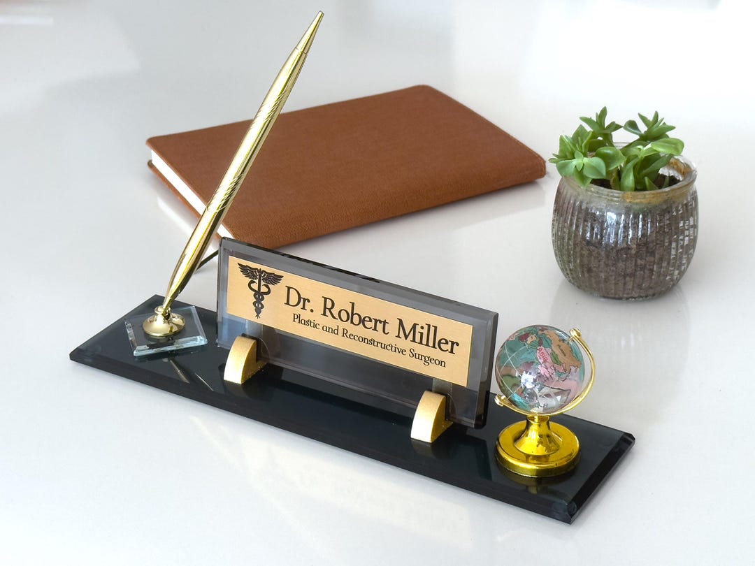 Doctor Desk Name Plate in Crystal Globe and Pen•custom Nameplate With ...