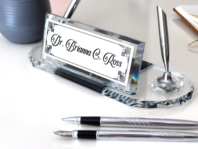 Personalized Crystal Desk Name Plate With Clock & Pens: Elegant Office ...