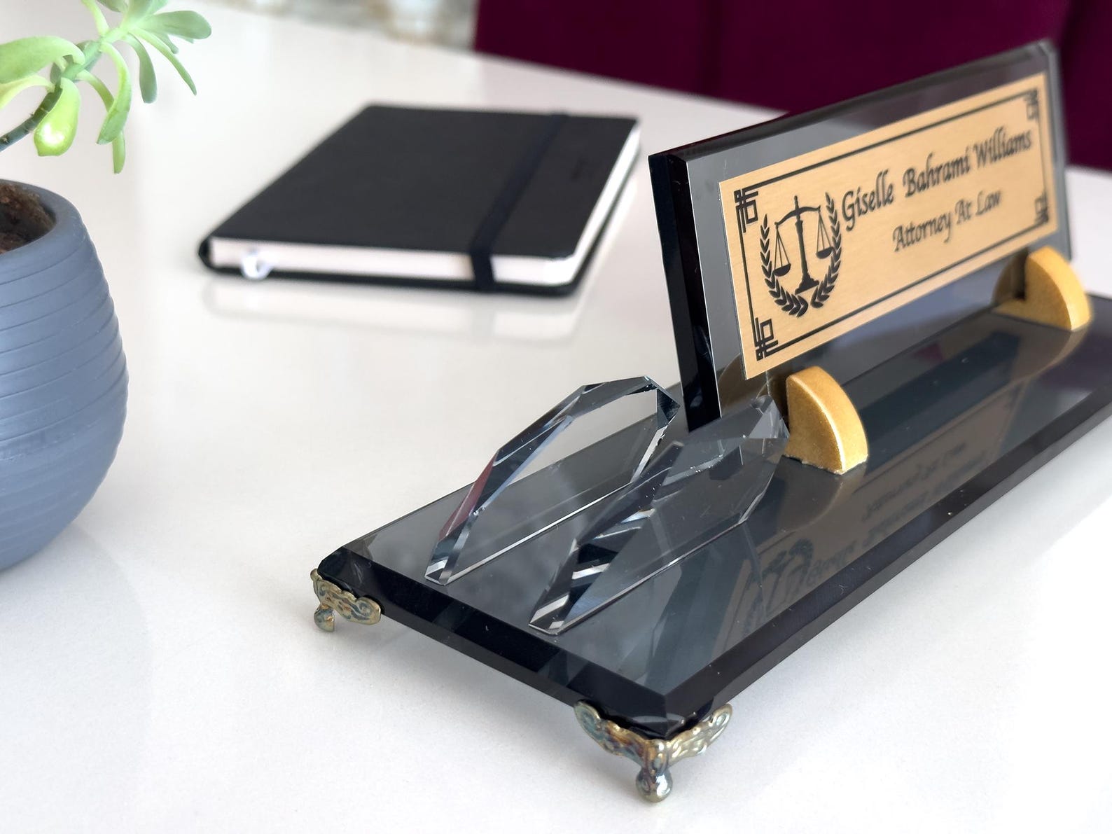 Personalized Desk Nameplate With Business Card Holder | Gold Plate Desk ...