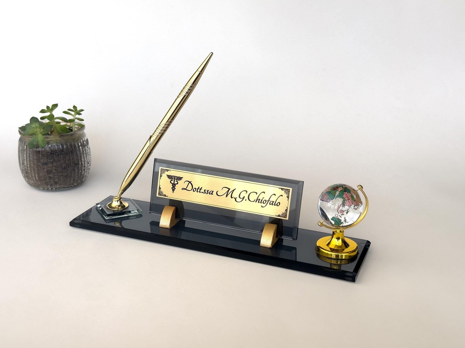 Personalized Crystal Desk Name Plate With Globe and Pen: Doctor Gift - Etsy