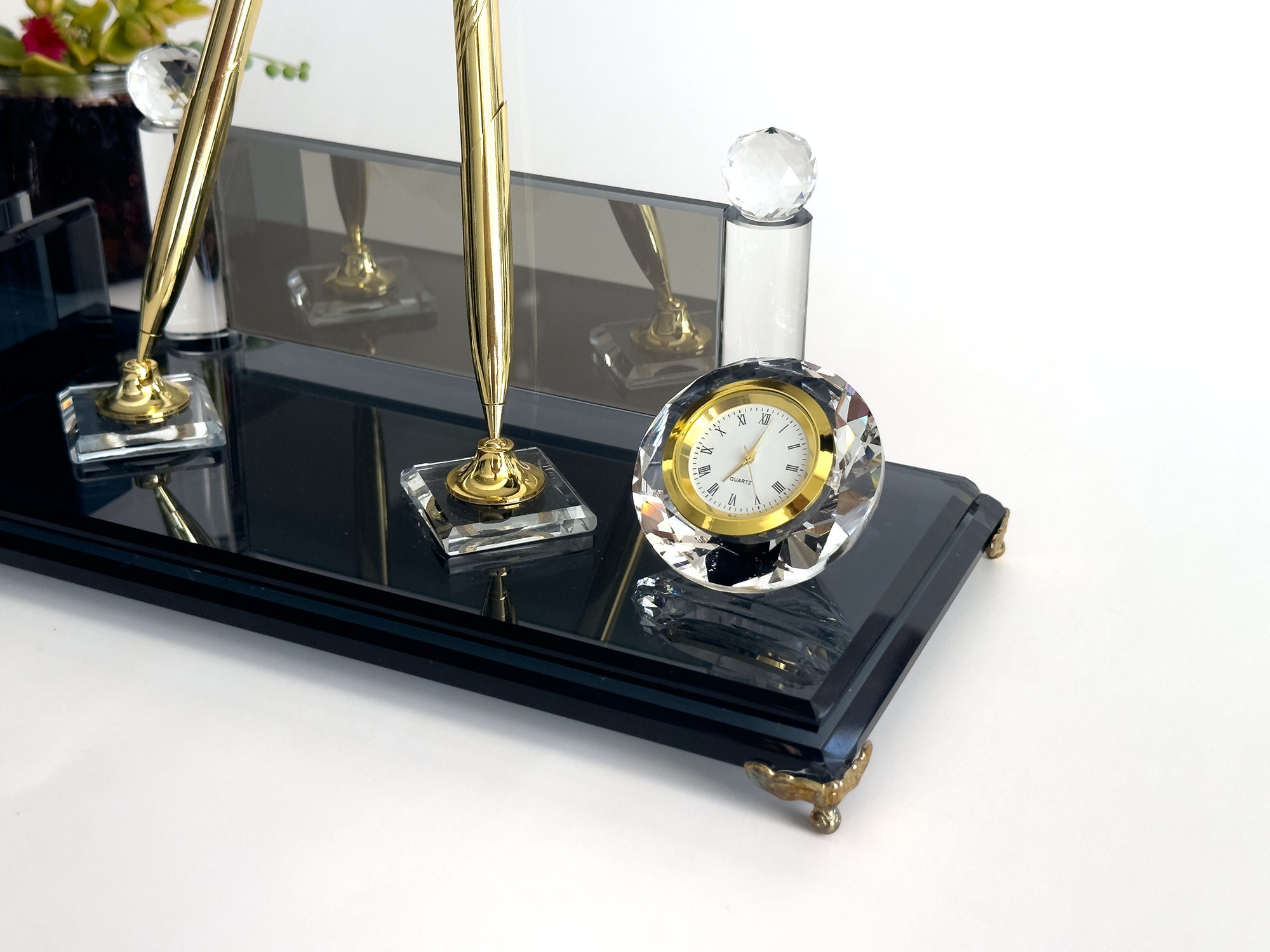 Desk Name Plate With Pen Set and Business Card Holder | Crystal Desk ...