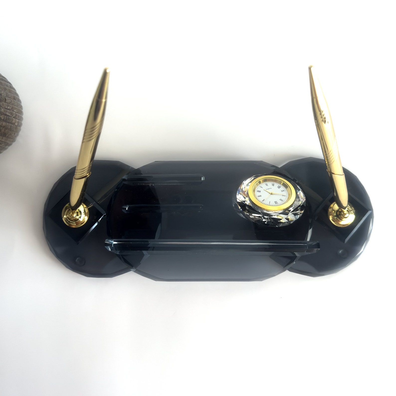 Crystal Nameplate and Desk Organizer Set Golden Oval Shaped ...