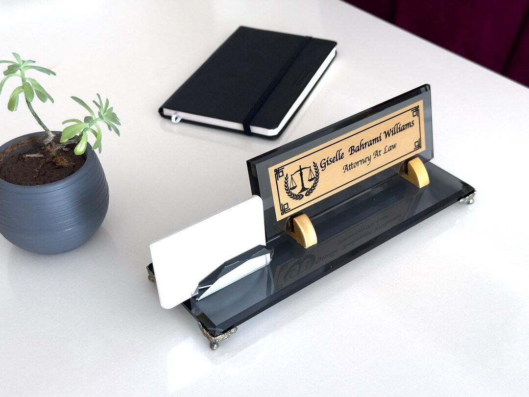 Personalized Desk Nameplate With Business Card Holder | Gold Plate Desk ...