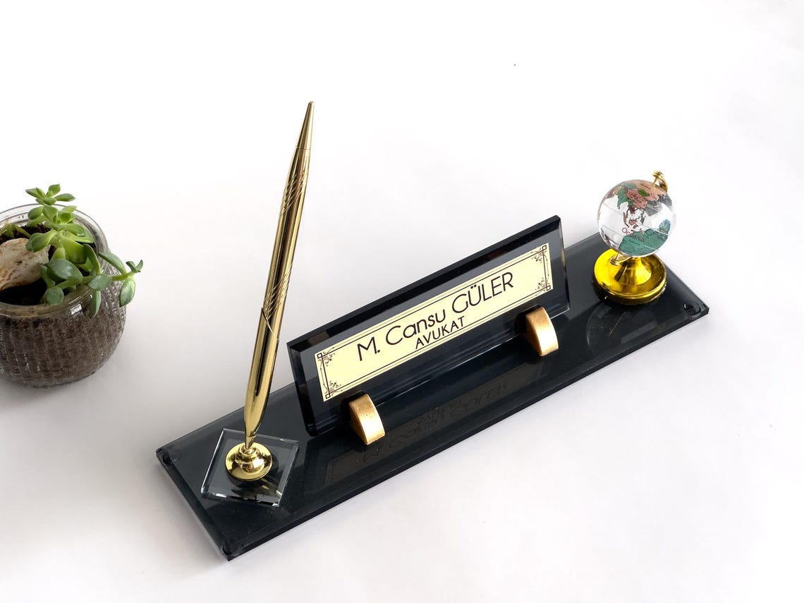 Personalized Crystal Glass Desk Name Plate With Globe and Pen - Etsy