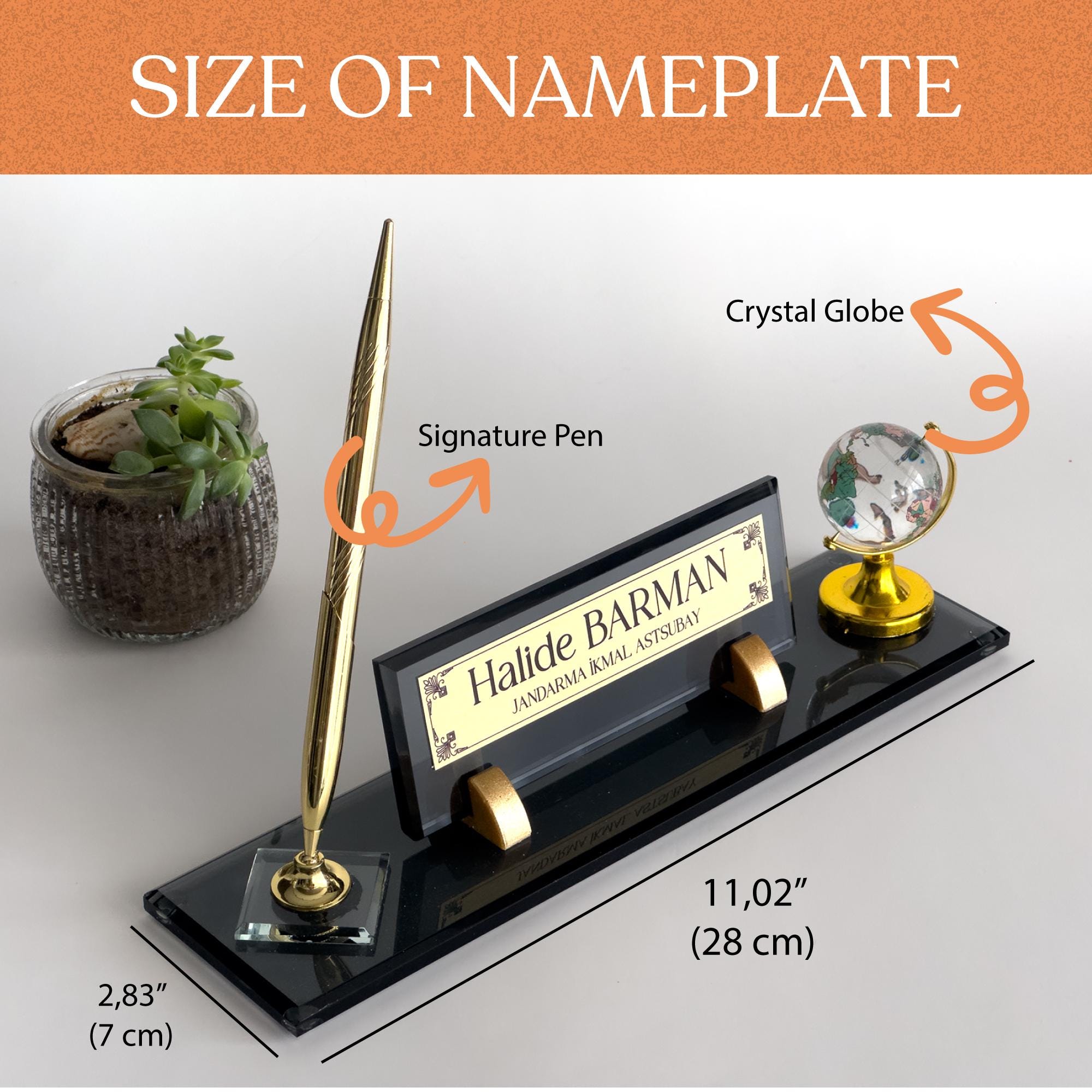 Personalized Crystal Glass Desk Name Plate With Globe and Pen - Etsy