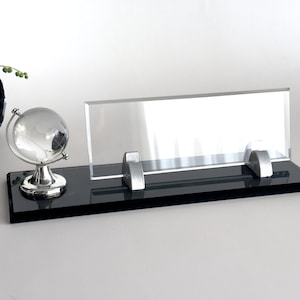 Glass Desk Name Plate With Globe Silver | Personalized Silver Desktop ...