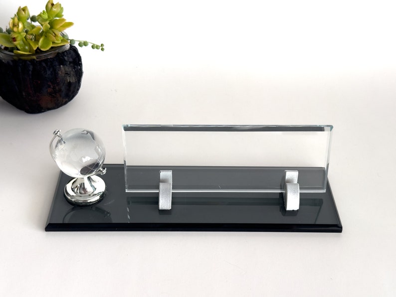 Glass Desk Name Plate With Globe Silver | Personalized Silver Desktop ...