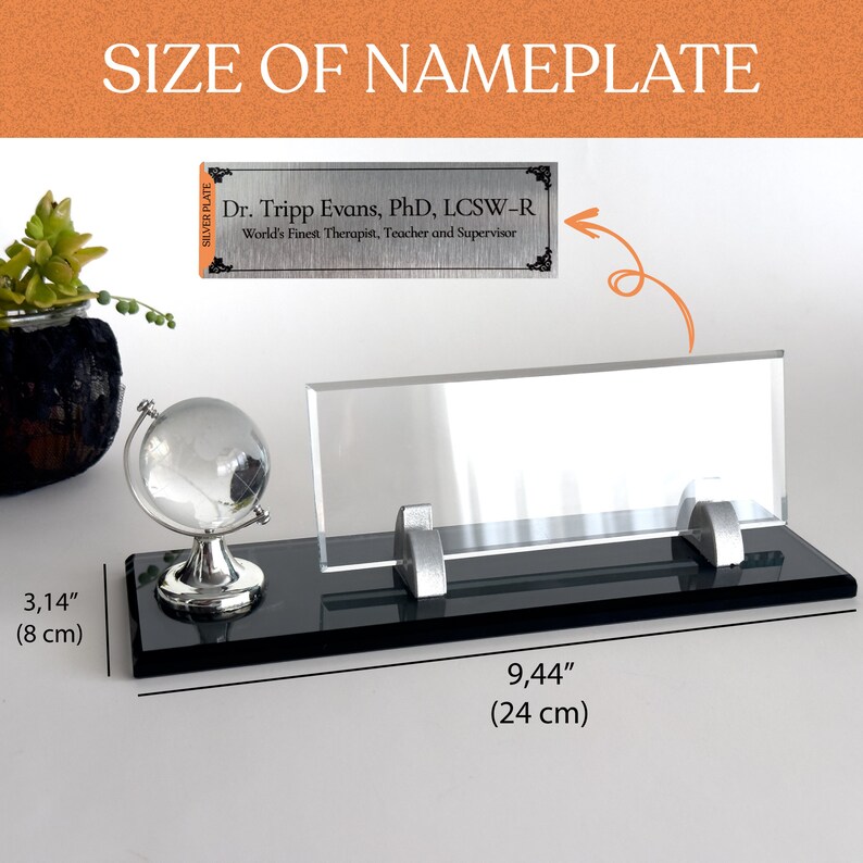 Glass Desk Name Plate With Globe Silver | Personalized Silver Desktop ...
