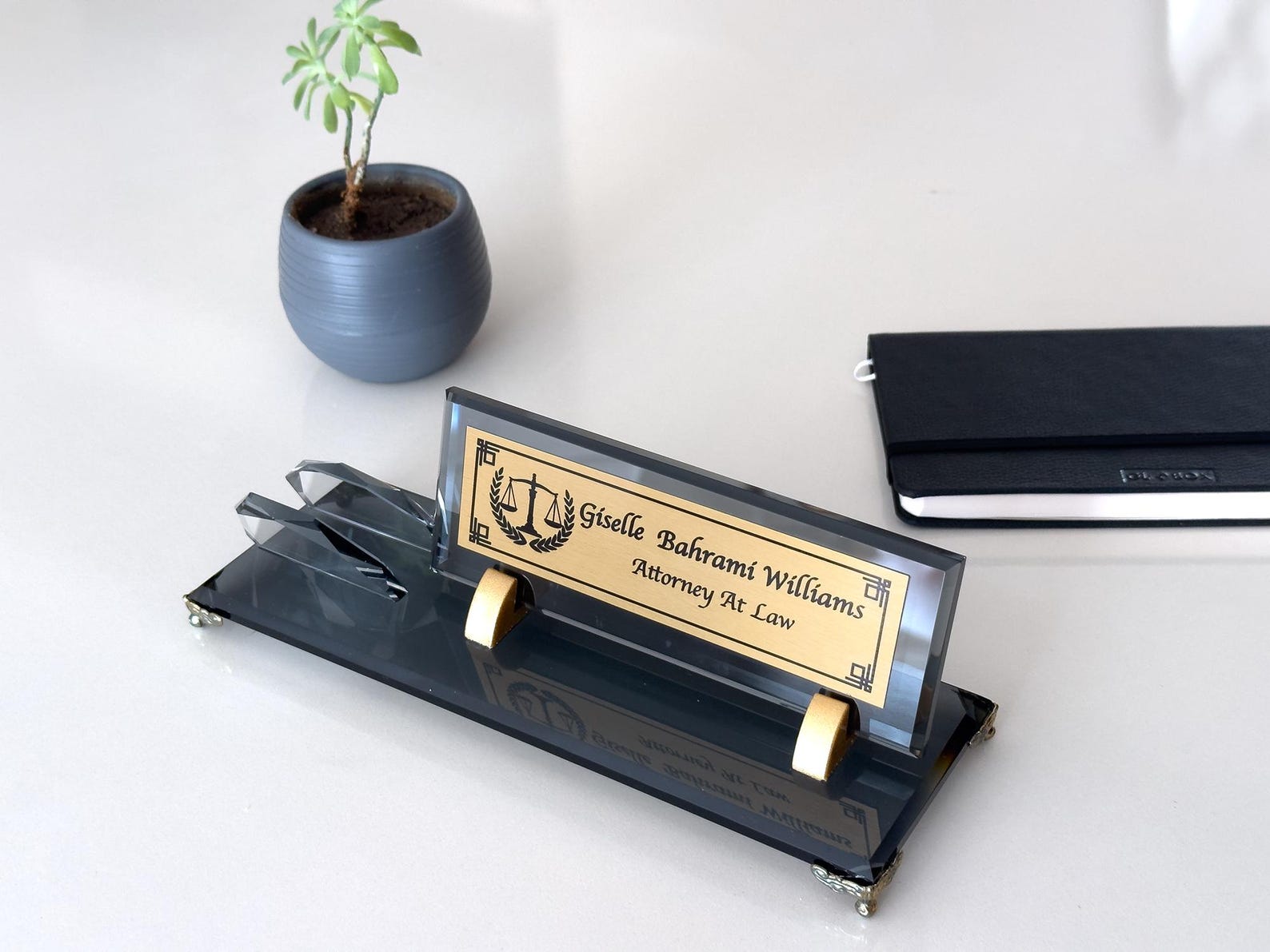 Personalized Desk Nameplate With Business Card Holder | Gold Plate Desk ...