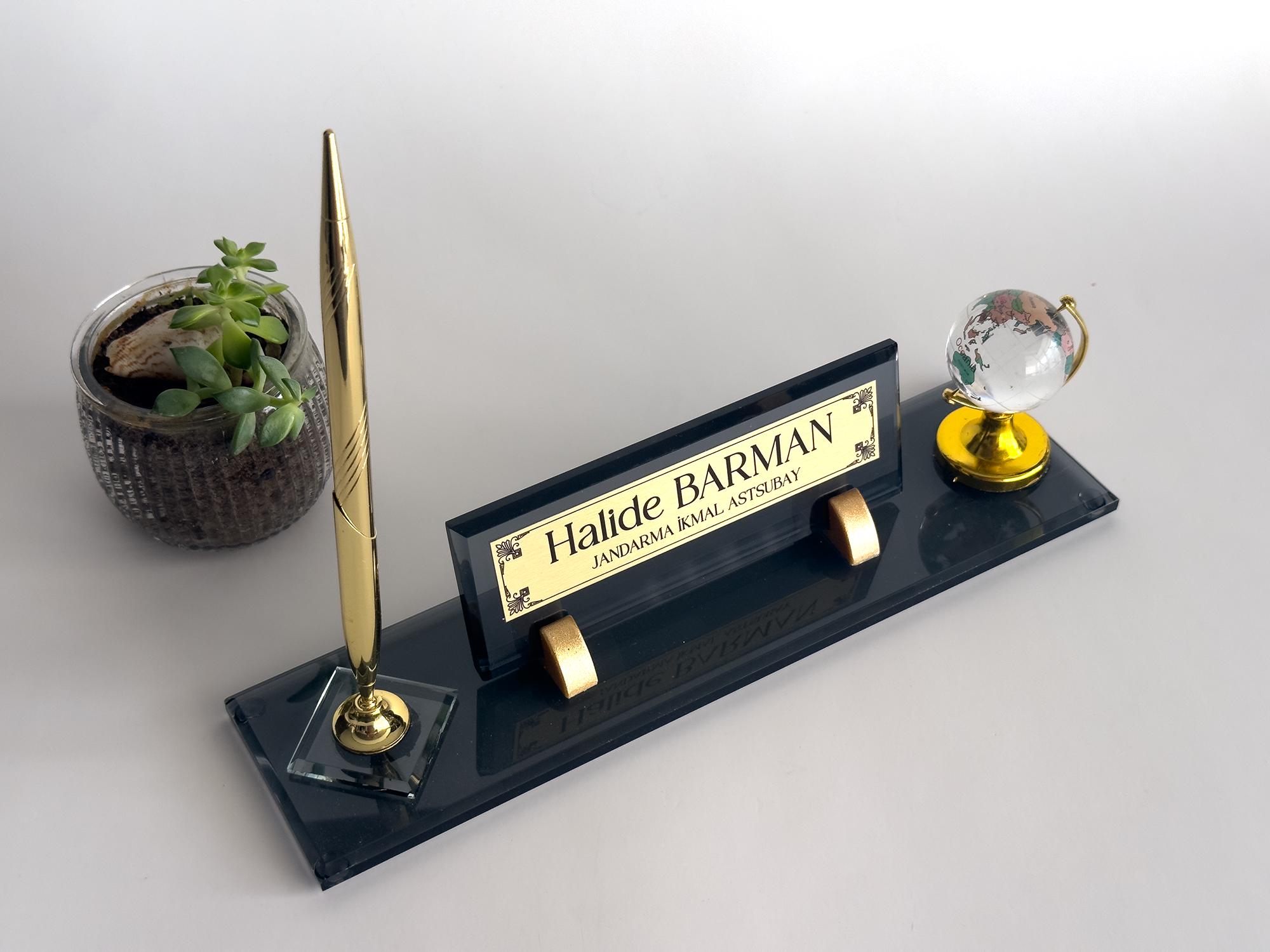 Personalized Crystal Glass Desk Name Plate With Globe and Pen - Etsy