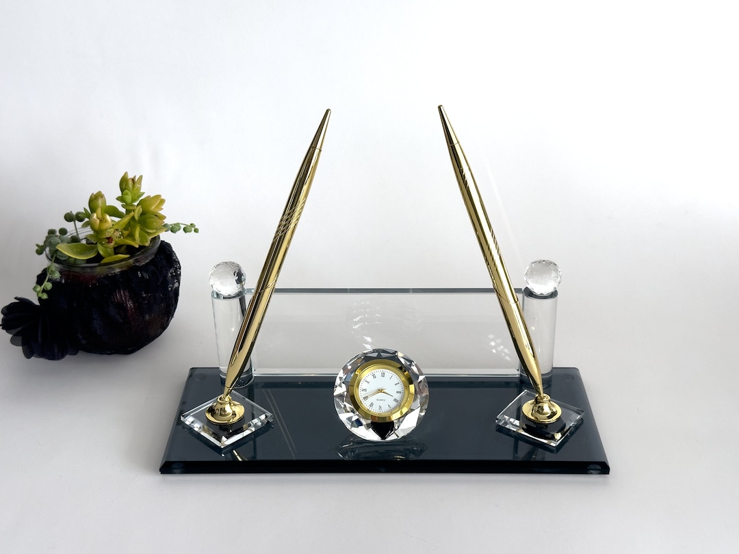 Personalized Crystal Desk Nameplate With Pen Set: Tower Style Organizer ...