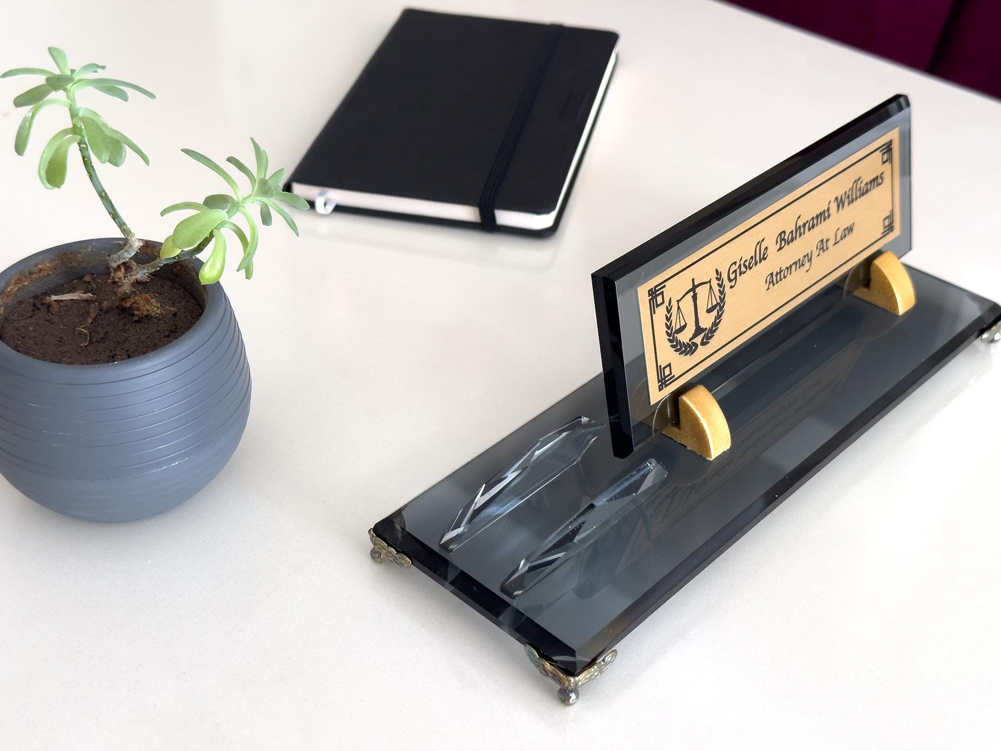 Personalized Desk Nameplate With Business Card Holder | Gold Plate Desk ...