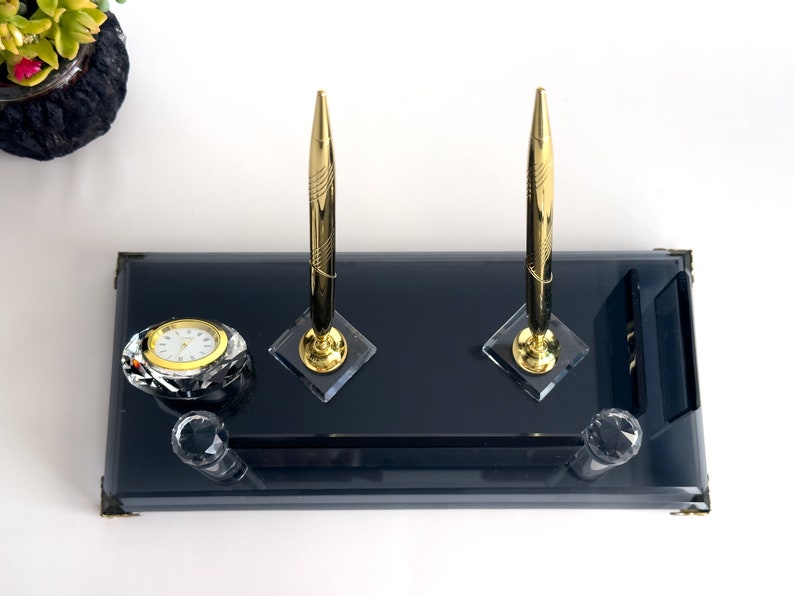 Desk Name Plate With Pen Set and Business Card Holder | Crystal Desk ...