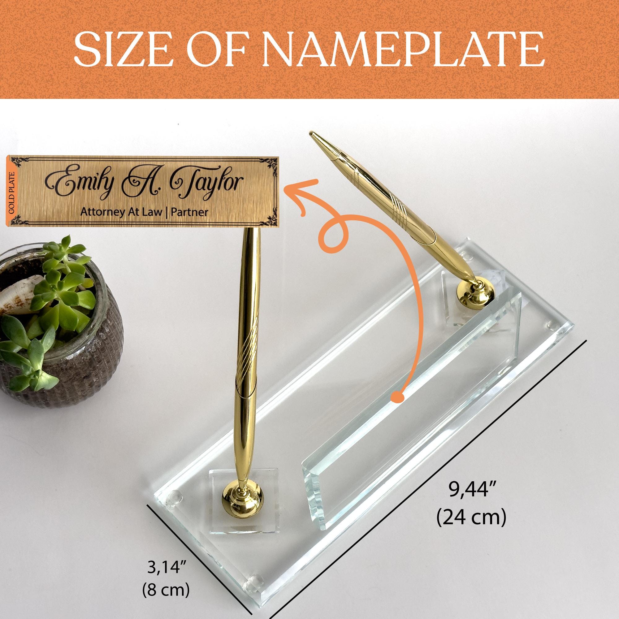 Custom Clear Glass Desk Nameplate and Golden Pen Set | Personalized ...