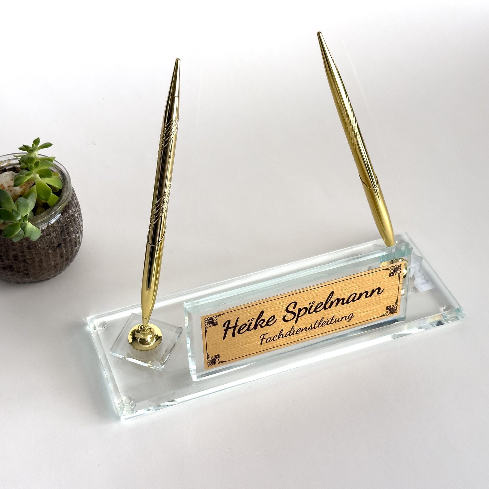 Custom Clear Glass Desk Nameplate and Golden Pen Set | Personalized ...
