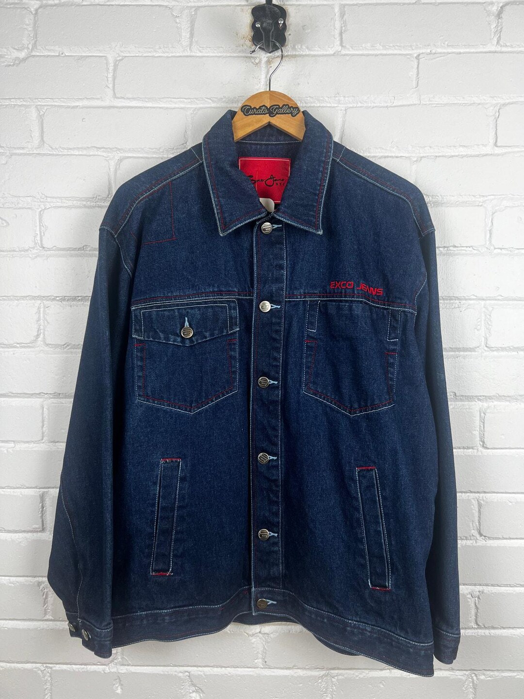 Vintage Y2K Exco Jeans Bulldog American Flag Trucker Denim Jacket Size ...