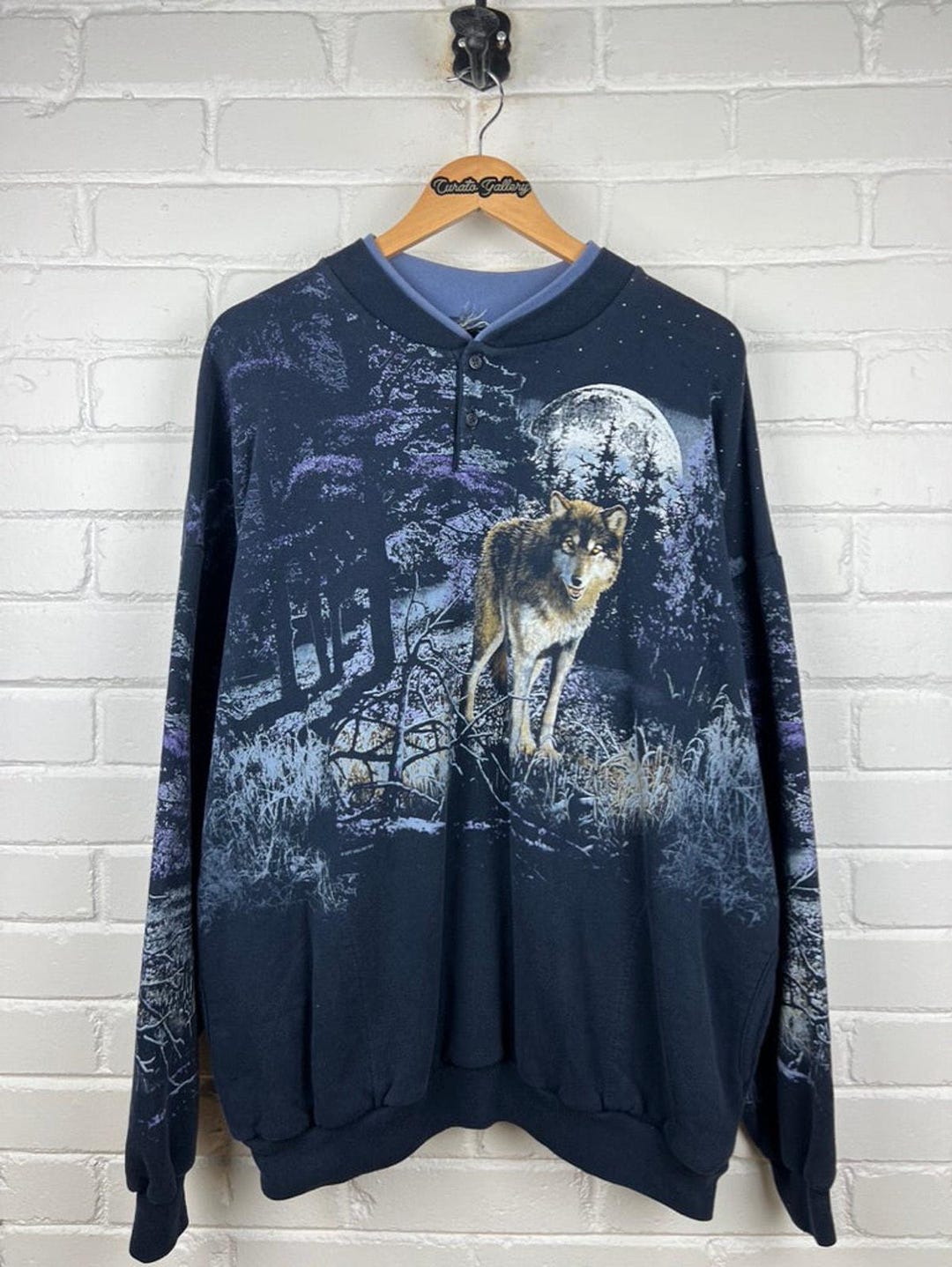Vintage 90s Wolf Full Moon Forrest Wilderness AOP Crewneck Sweatshirt ...