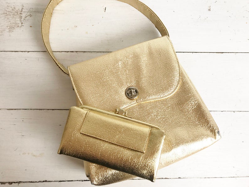 Vintage Gold Metallic Handbag and Wallet - Etsy Vintage Gold Metallic Handbag and Wallet - Etsy