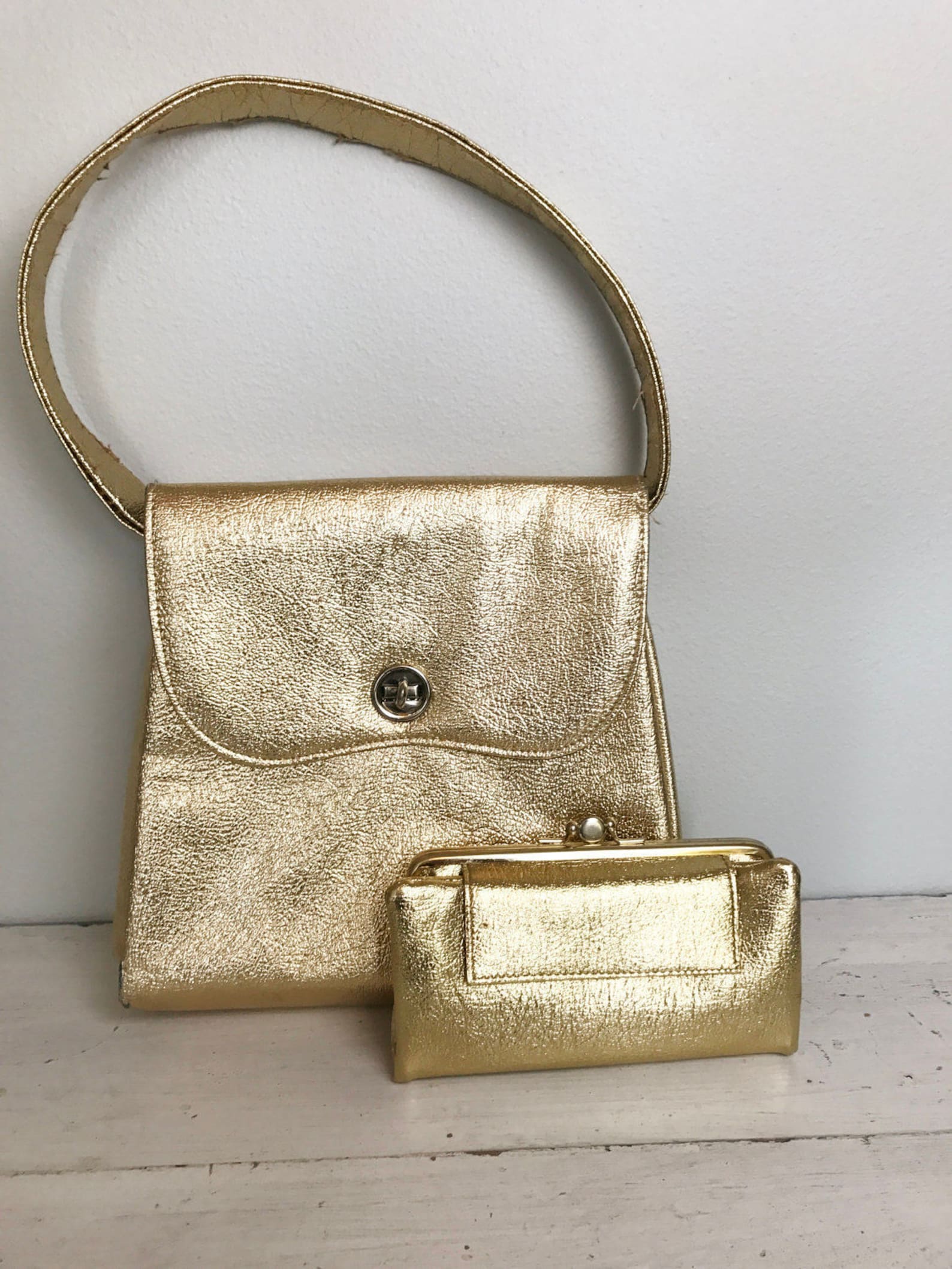Vintage Gold Metallic Handbag and Wallet - Etsy