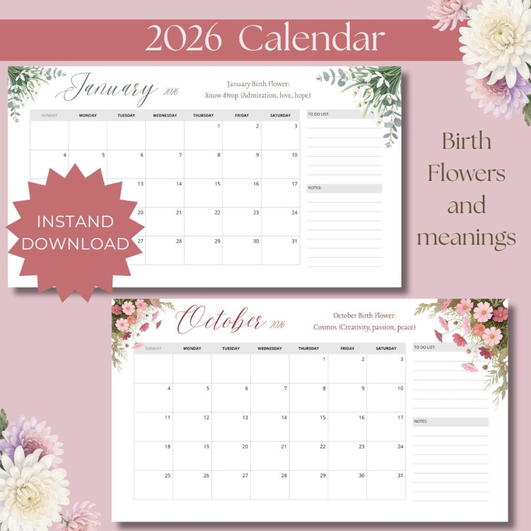 2026 Birth Flower Calendar Printable | Minimal Botanical Monthly ...