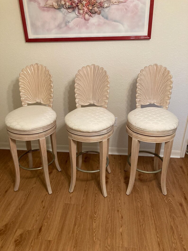 1970s Venetian Grotto Style Scalloped Shell Back Swivel Barstools - Set ...