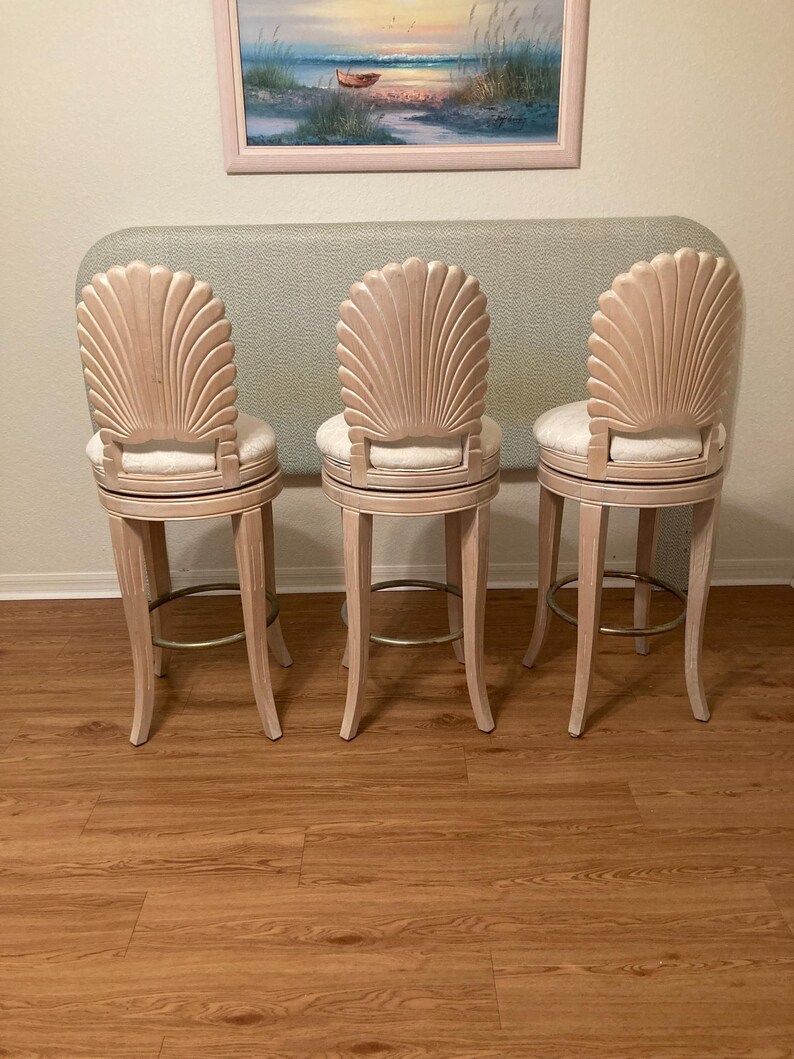 1970s Venetian Grotto Style Scalloped Shell Back Swivel Barstools - Set ...