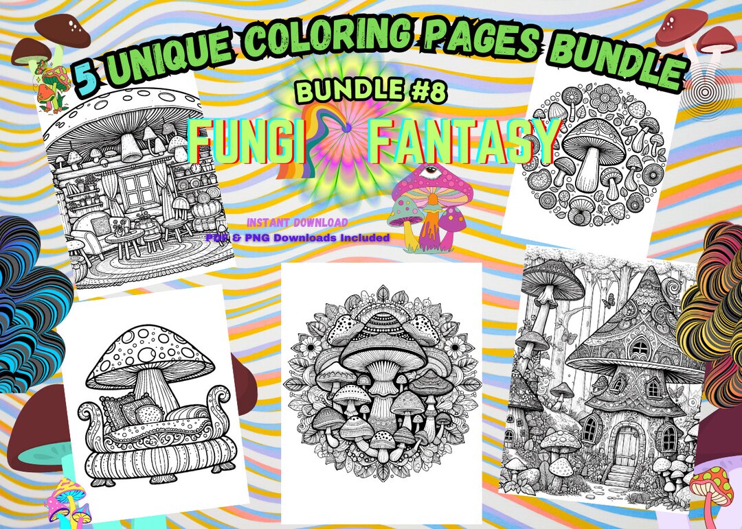 Bundle 8 | Mushroom Coloring Pages | Fungi Fantasy Art | Intricate ...