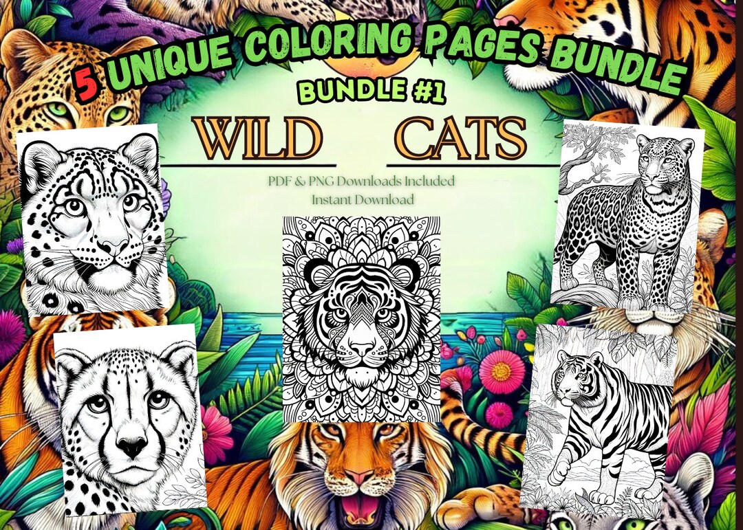 Wild Cats Coloring Pages: AI Designs Bundle (PDF & PNG) - Etsy UK