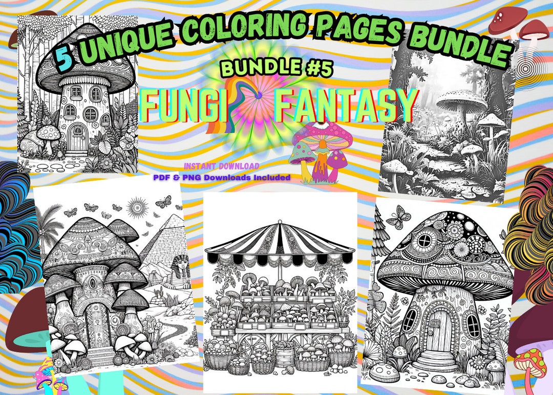 Bundle 5 | Mushroom Coloring Pages | Fungi Fantasy Art | Intricate ...