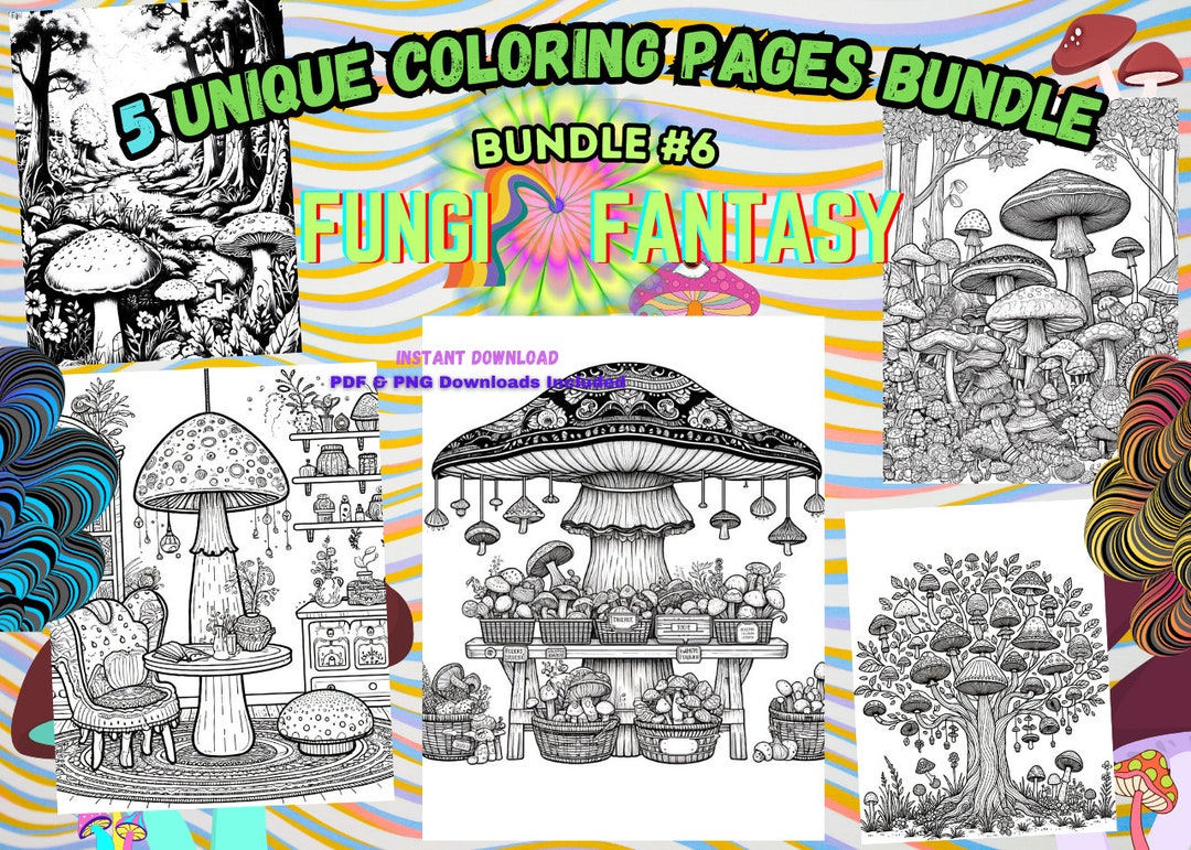 Bundle 6 | Mushroom Coloring Pages | Fungi Fantasy Art | Intricate ...