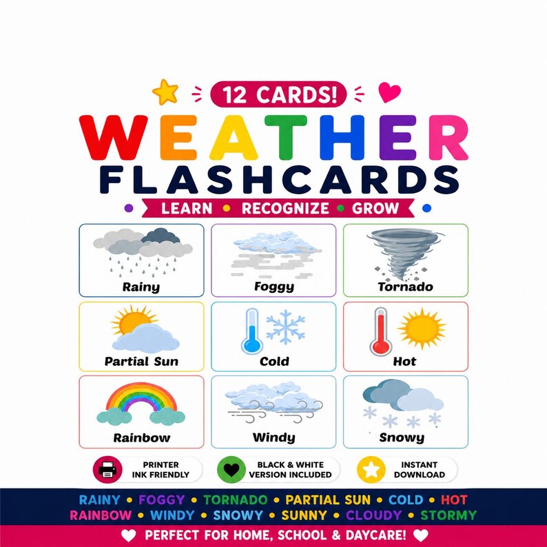 Weather Flashcards | Printable Weather Learning Cards | Preschool ...