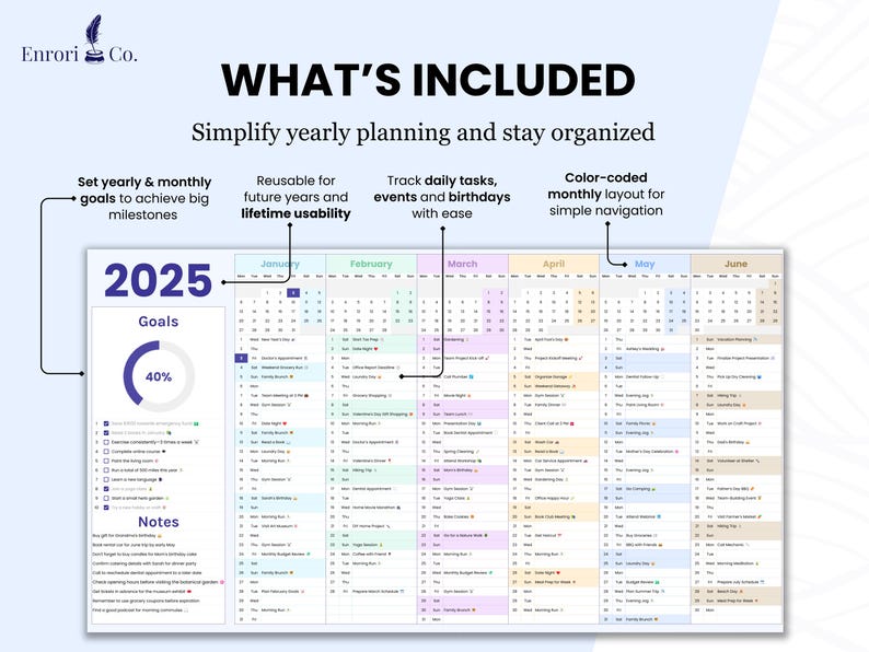 Simple Yearly Planner, Monthly Calendar, Daily Events Notes Routine ...