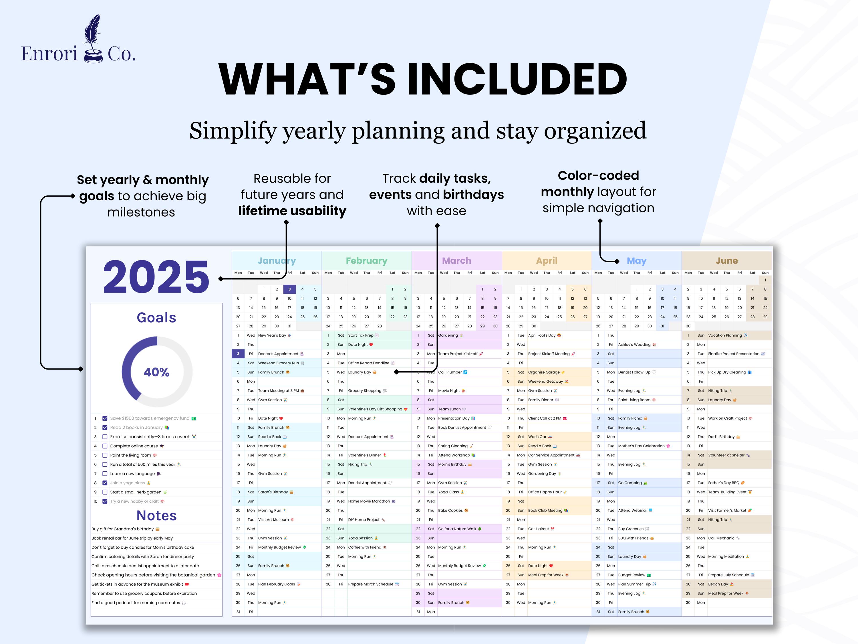 Simple Yearly Planner, Monthly Calendar, Daily Events Notes Routine ...