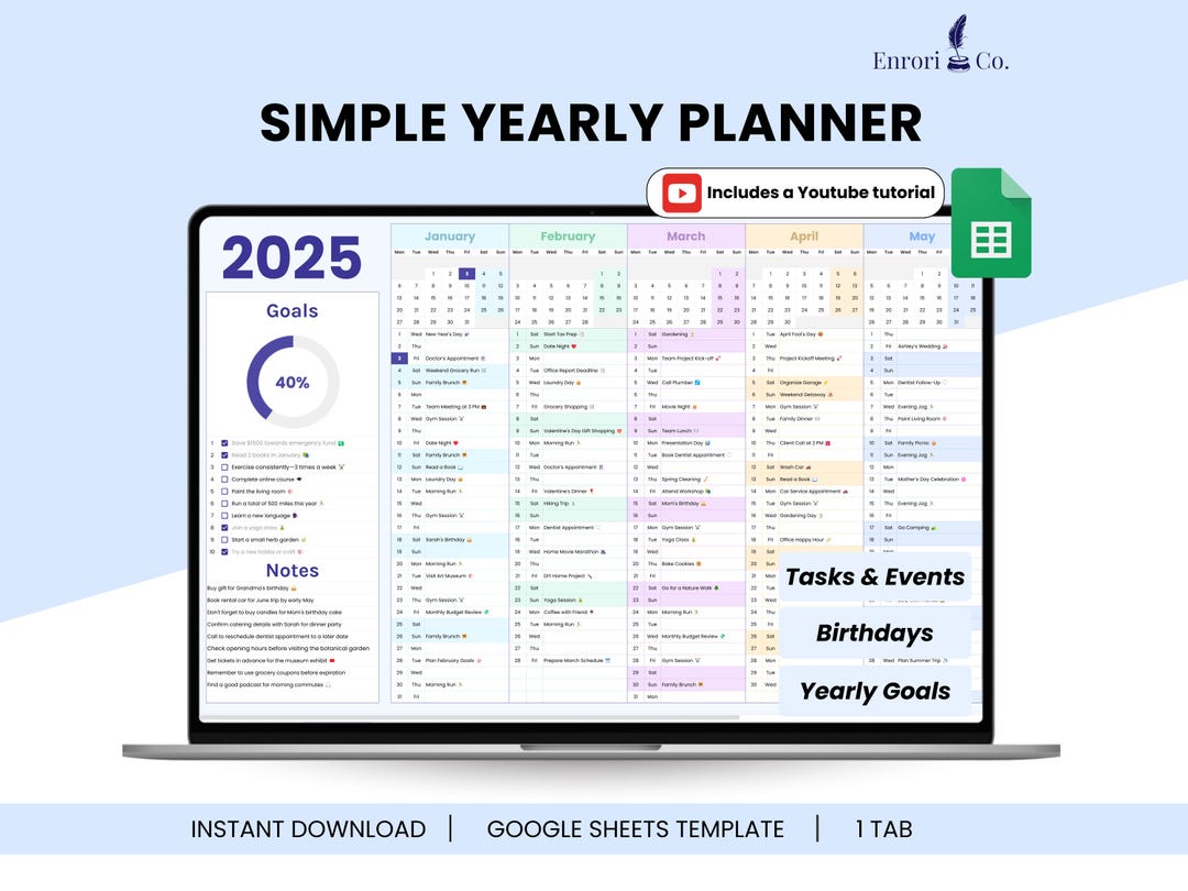 Simple Yearly Planner, Monthly Calendar, Daily Events Notes Routine ...