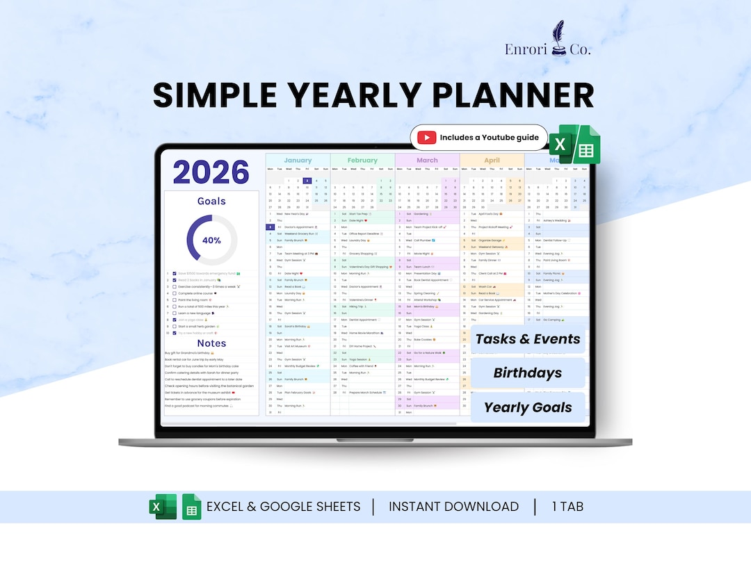 Simple Yearly Planner, Monthly Calendar, Daily Events Notes Routine ...