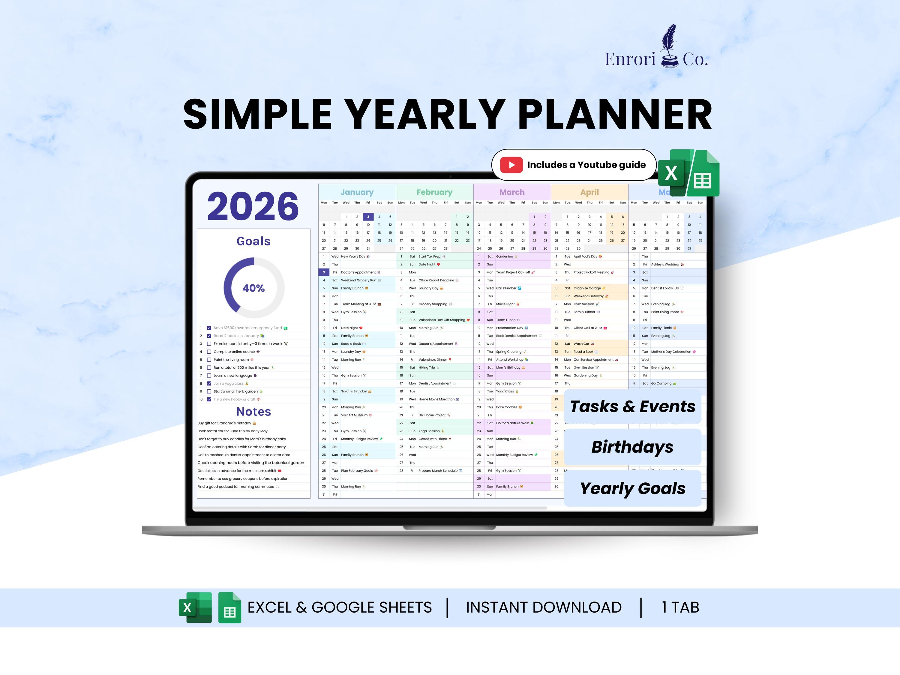 Simple Yearly Planner, Monthly Calendar, Daily Events Notes Routine ...