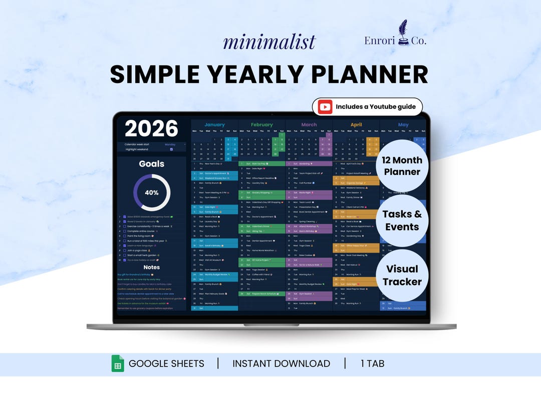Simple Yearly Planner, Monthly Calendar, Daily Events Notes Routine ...