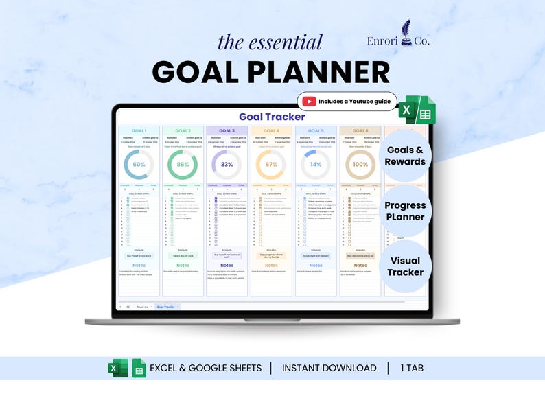 Goal Planner Spreadsheet, Yearly Monthly Goals, Annual Goal Tracker ...