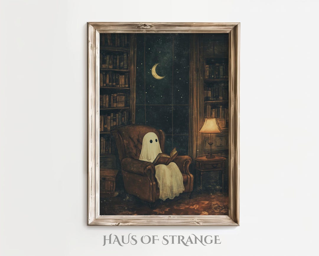 Ghost Reading Print Library Printable Cosy Halloween Artwork Bookworm ...