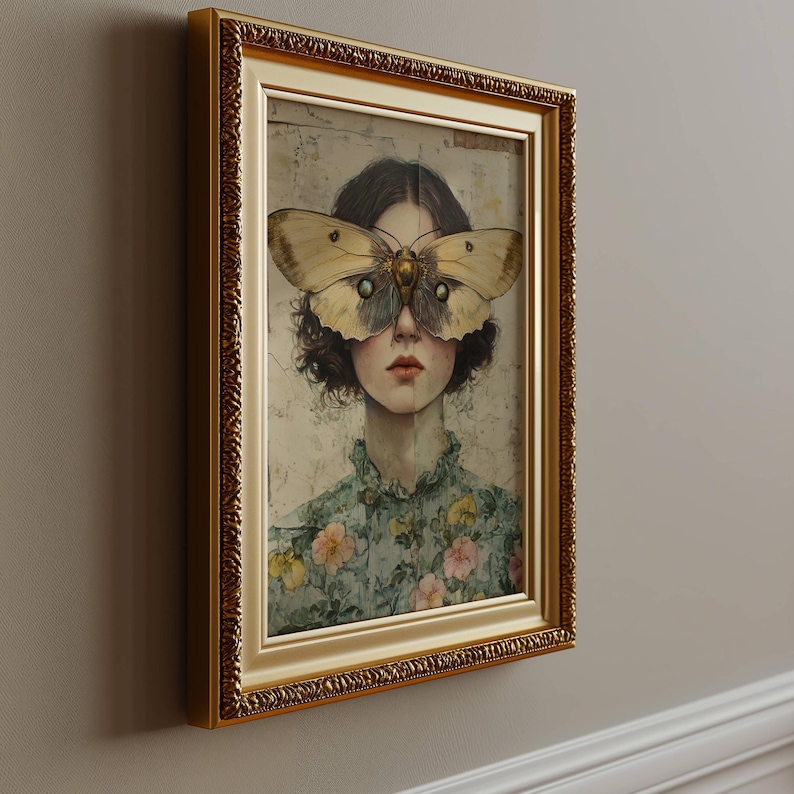 Pretty Moth Print Woman and Moth Printable Artwork Collage Style Wall ...