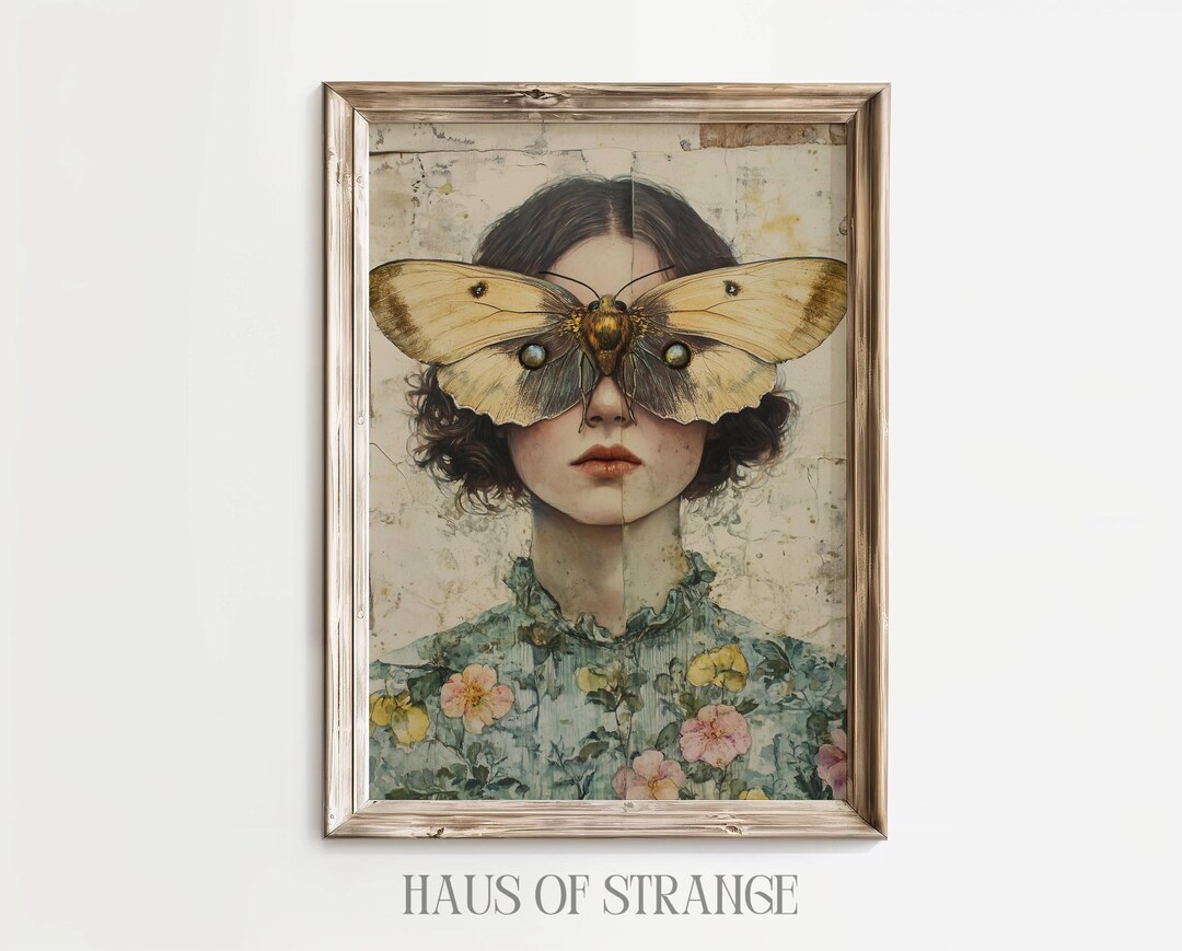 Pretty Moth Print Woman and Moth Printable Artwork Collage Style Wall ...